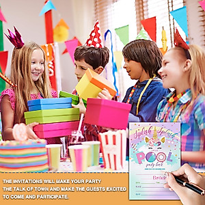 Chuxvon Birthday Party Invitations, Splash Birthday Invitations, Rainbow Unicorn Themed Fill In Invites, Summer Swimming Pool Birthday Party Supplies Decorations, 20 Cards With 20 Envelopes(B11)