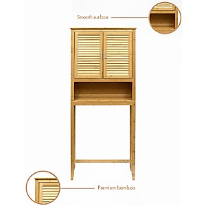RoyalHouse Bamboo Over The Toilet Storage Cabinet with Bottom Shelf, Free Standing Storage Cabinet, Perfect Bathroom Space Saver with Double Door Organizer