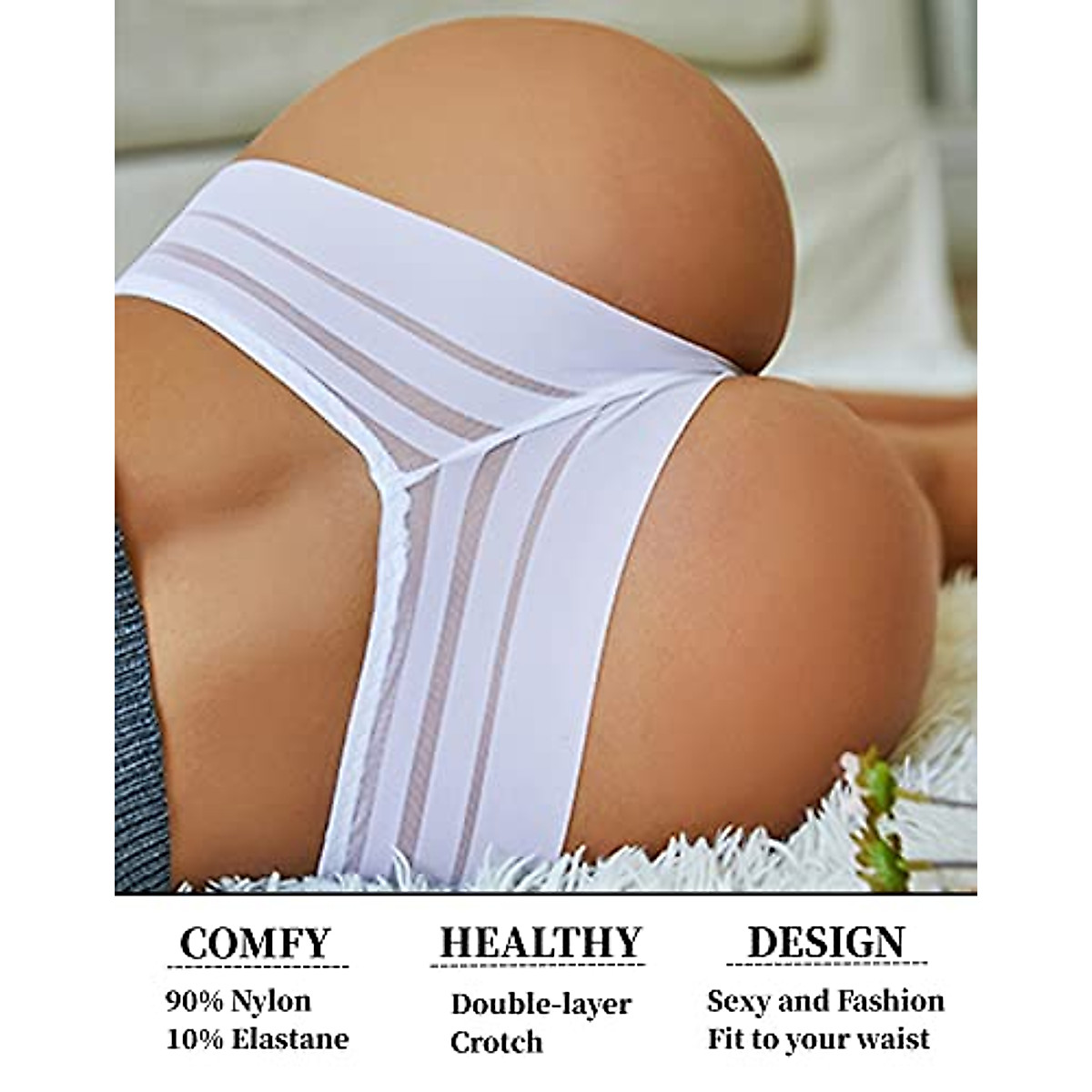 chelectnis Women Thongs Underwear Sexy Lace Bikini Panties Low Rise T Back Seamless Thongs,3 Pack,No Show Stretch Hipster