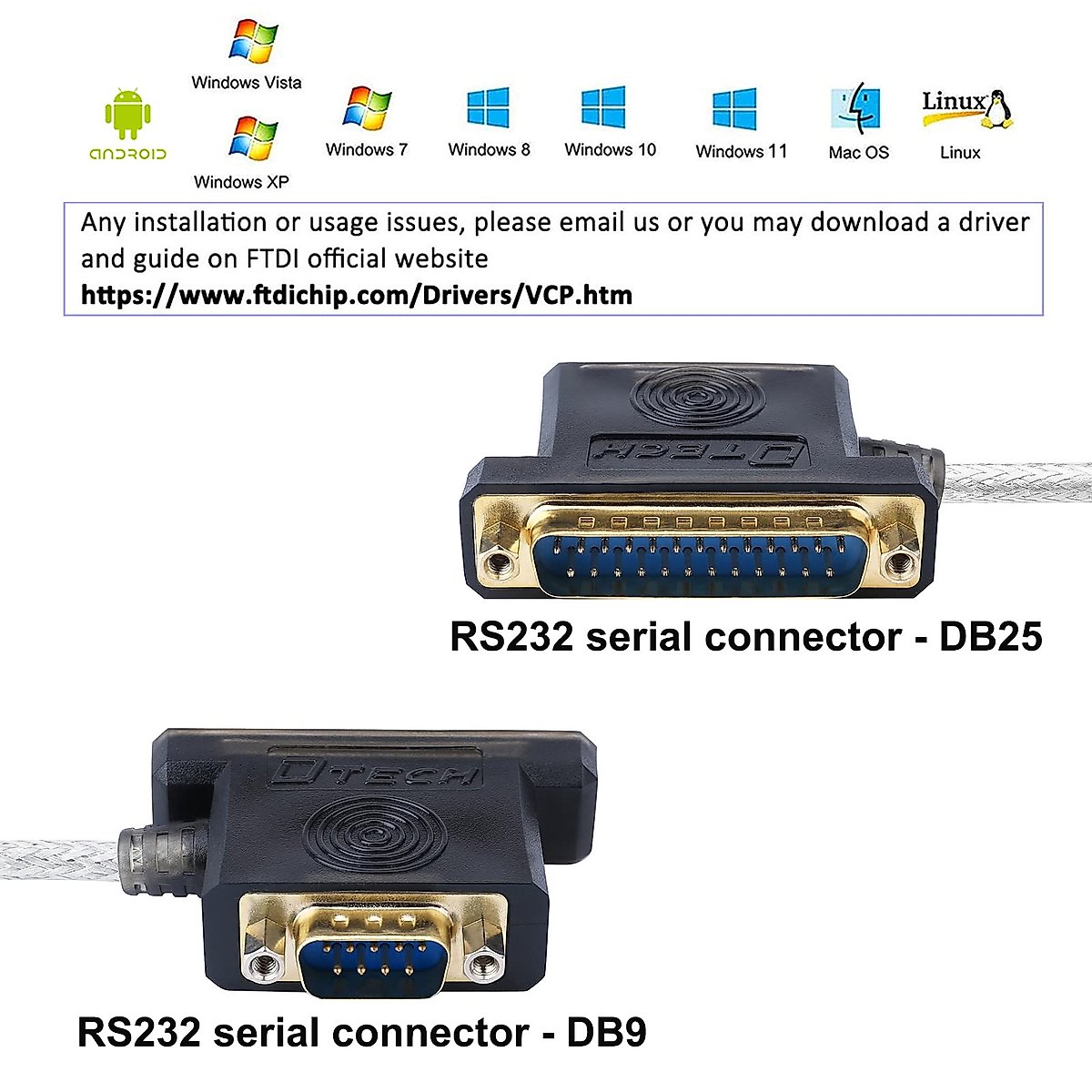 DTECH USB to Serial Adapter DB25 DB9 RS232 to USB Cable 4 Feet with FTDI Chip Supports Windows 11 10 8 7 and Mac
