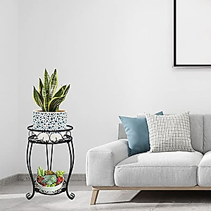 Metal Plant Stand Indoor Outdoor for Round Flower Pot, 2 Tier Potted Holder Rack Rustproof Wrought Iron Heavy Duty Planter Shelf for Corner Living Room Balcony Garden Patio, 19.2 inch, Black