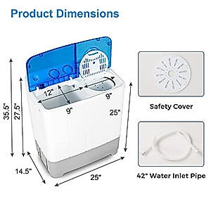 COSTWAY Portable Washing Machine, Twin Tub 22Lbs Capacity, Compact Washer(13.2Lbs) and Spinner(8.8Lbs) with Control Knobs, Built-in Drain Pump, Semi-Automatic Laundry washer for Apartment, RV (Blue)