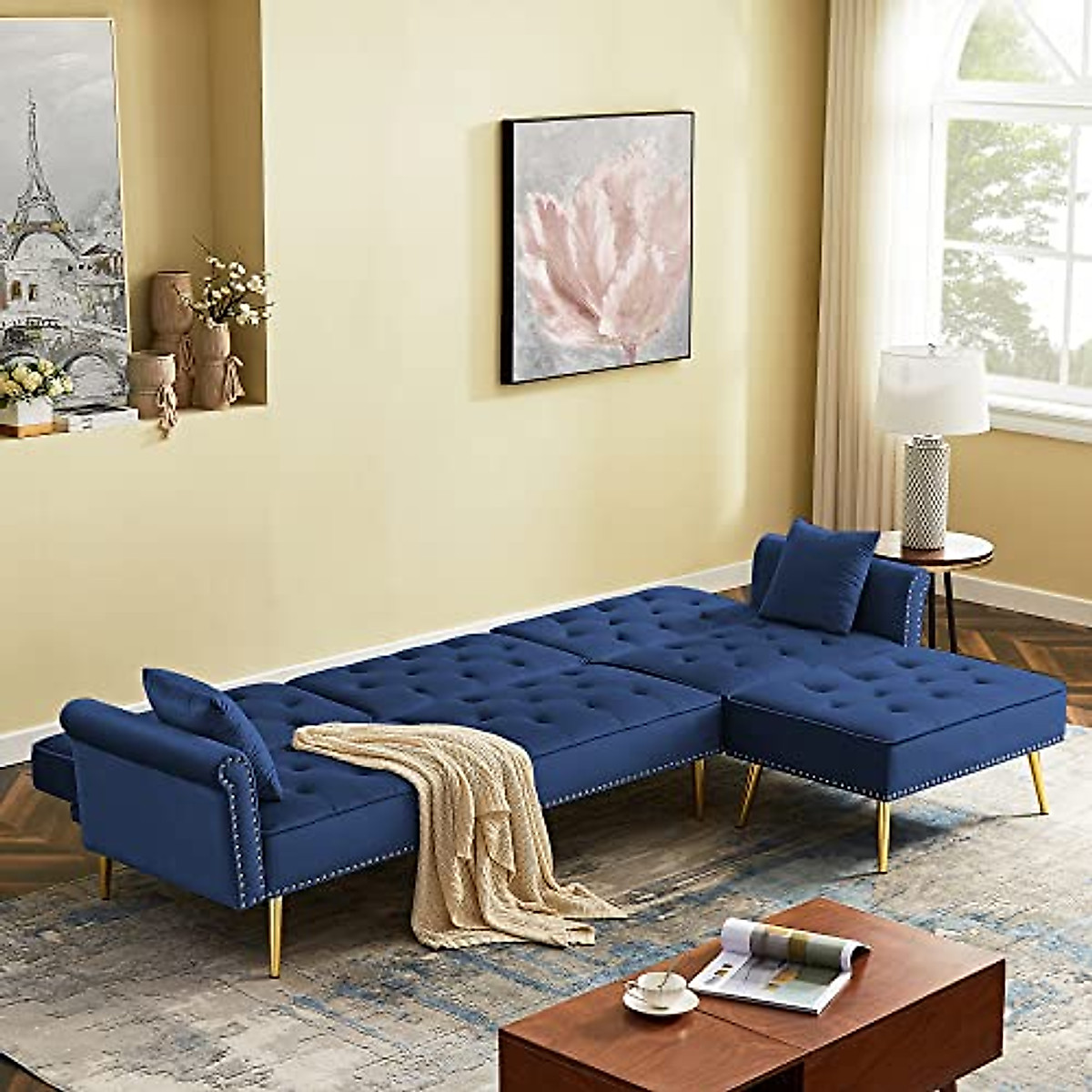 ERYE L-Shaped Corner Tufted Velvet Upholstered Sectional Sofa & Couch Convertible Sleeper Couch Bed with Reversible Chaise Lounge and Movable Ottoman for Home Office Apartment Living Room Sets