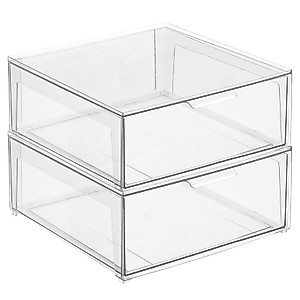 mDesign Plastic Stackable Closet Storage Organizer Bin Containers with Front Pull Drawer for Cabinet, Desk, Shelf, Cupboard, or Dresser Organization - Lumiere Collection - 2 Pack - Clear
