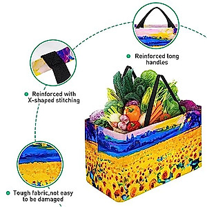 KQNZT Reusable Grocery Bags, Large Foldable Reusable Shopping Tote Bags Bulk for Groceries, Waterproof Kitchen Cloth Produce Bags with Long Handles, Sunflower Sunrise Oil Painting