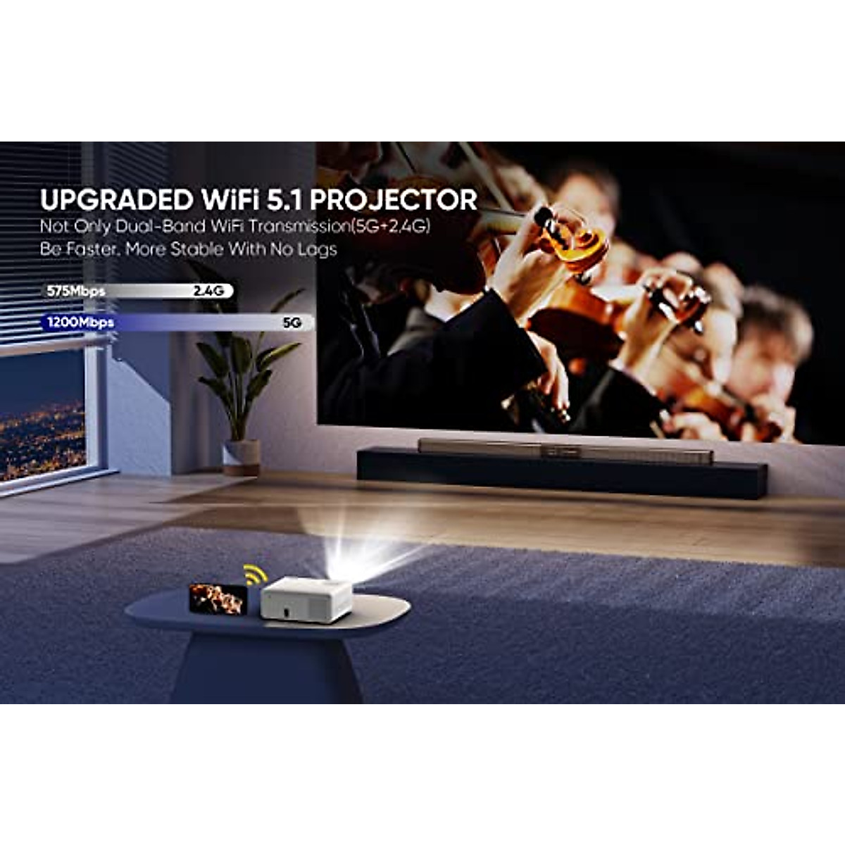 5G WiFi Bluetooth Projector,350Ansi Native 1080P Support 4K Projector,Outdoor Movie Projector Compatible with HDMI,VGA,USB,AV,Laptop and Smartphone