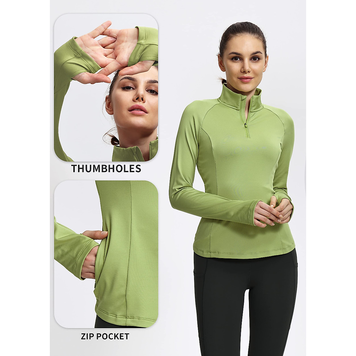 Hiverlay Women's Thermal Fleece Half Zip Thumbholes Long Sleeve Running Pullover Equestrian Shirt for Cold Weather Green XL
