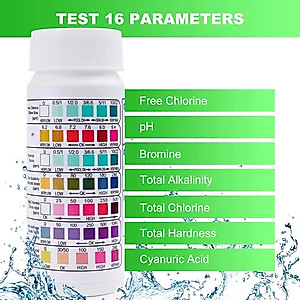 7 in 1 Pool and Spa Test Strips, 100PCS Swimming Pool Water Test Strip, Hot Tub Water Test Strips, Total Hardness, Total Chlorine, Bromine, Free Chlorine, PH, Cyanuric Acid & Total Alkalinity