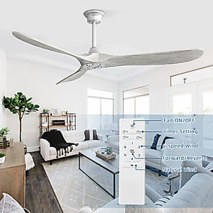 CACI Mall 60" Ceiling Fan no Light, Outdoor Ceiling Fans for Patios Without Lights, Remote Control, Solid Wood 3 Blades, Quiet, Indoor Ceiling Fan for Living Room, Patio, Bedroom, Porch, Farmhouse