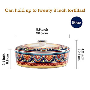 Bico Tunisian Ceramic 8.8 inch Tortilla Warmer, Tortilla Server with Lid, Taco Holder for Mexican Fiesta Party, Taco Tuesday, Cinco De Mayo, Microwave and Dishwasher Safe
