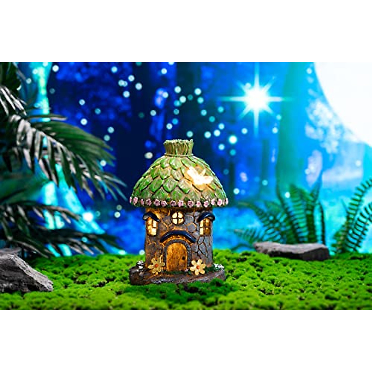 TERESA'S COLLECTIONS Dome Roof Fairy House Garden Statues with Solar Lights, Garden Ornaments Decor, Resin Outdoor Figurines for Patio Yard Porch Decorations, 7.8 Inch