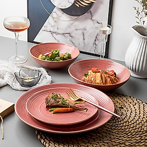 Arora RINGAR Round Stoneware 16pc Double Bowl Dinnerware Set for 4, Dinner Plates, Side Plates, Cereal Bowls, Pasta Bowls - Speckle Matte Red (395438)