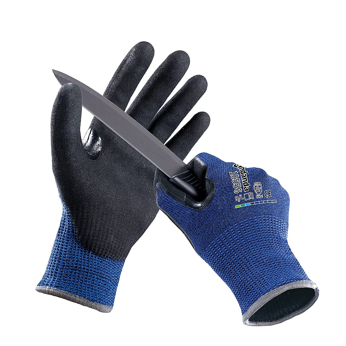 ANDANDA Cut Resistant Gloves Level 5, 3D Comfort Stretch Fit, Nitrile Sandy Finish Coated Work Gloves with Power Grip, Ideal Work Gloves for Men/Women Handle Glass, Sharp Metal, Blue(L),1Pair