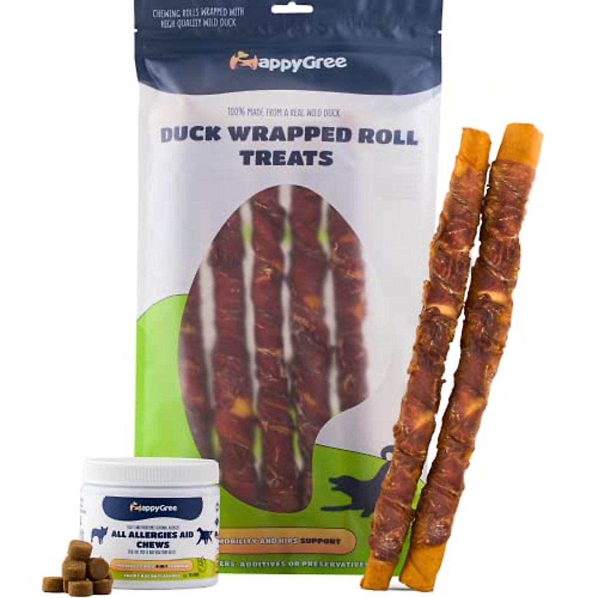 HAPPYGREE Made in USA Premium Dog Treats - Duck & Chicken Wrapped Rolls for Large & Small Dogs - NO Additives, NO Filler, NO GMO - Duck & Chicken Breast Fillets - Chews Treats for Dogs - Organic