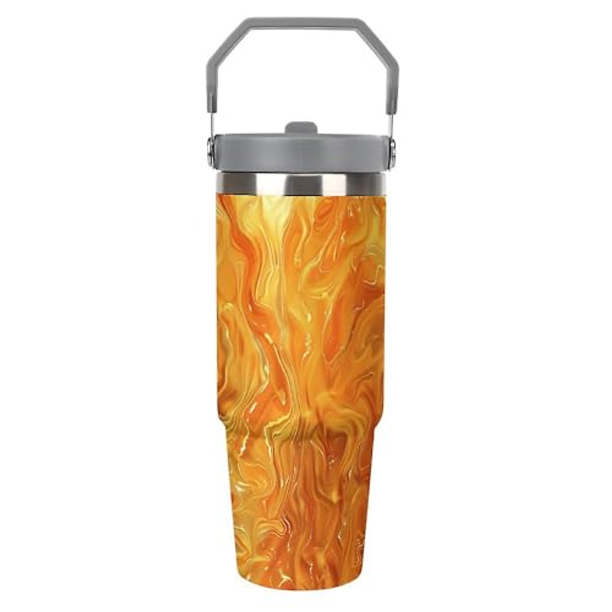 RTFGHJS Orange And Yellow Lava 30 Oz Tumbler with Handle And Flip Straw, Stainless Steel Vacuum Insulated Travel Mug, Thermal Cup for Coffee, Water, Iced Drinks, Fits Car Cup Holders (Home, Sports)