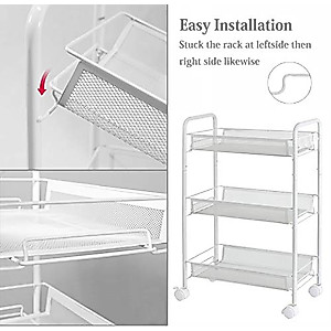 Rolling Storage Cart 3-Tier Metal Mesh Basket Shelves Kitchen Organizer with Wheels(White)