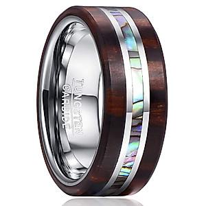 Vakki Unisex Tungsten Carbide Promise Rings for Him Wood and Abalone Shell Inlay Wedding Band Comfort Fit Size 10.5