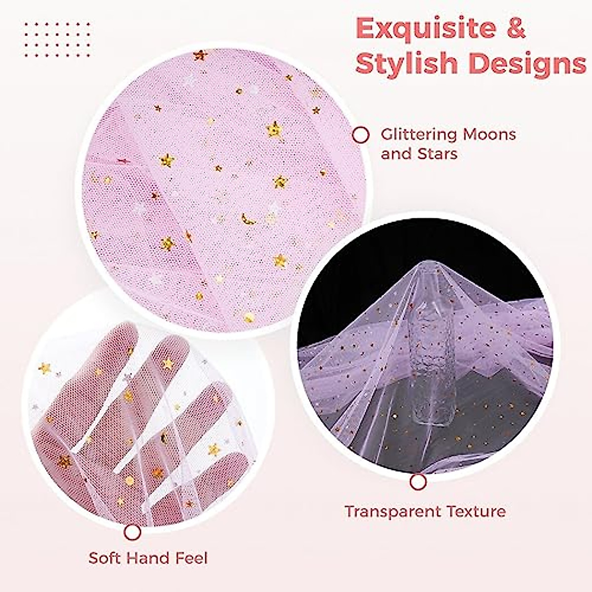 Gold Glitter Sequin Tulle Fabric Star Moon Tutu Skirt Dress Sewing, 63" x 11 Yard Birthday Ribbon Wedding Veil Backdrop Decoration Gauze