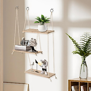 Macrame Wall Hanging Shelves, 3 Tier Hanging Floating Shelves for Wall, Boho Wall Shelves, Wood Hanging Shelves, Macrame Wall Hanging Shelf Tassel with Adjustable Rope, Room Decor for Plants Books