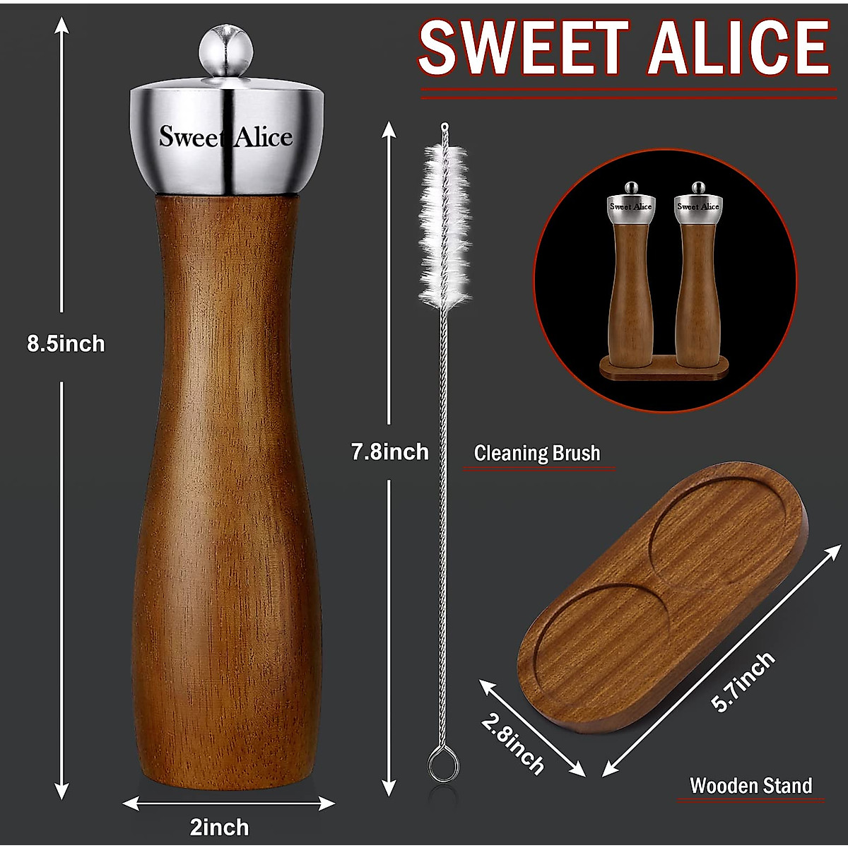 Salt and Pepper Grinders Refillable ​Set, Beech Wood Pepper Mill with Ceramic Mechanism, Solid and Durable Salt Grinders Suited for Sea Salt, Black Peppercorn (6'', Brown Set of 2)