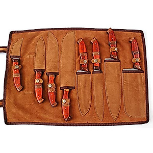 Custom Handmade Damascus Steel Blade Kitchen Chef Knife Set 8pcs Damascus Knife Set With Leather Case Roll Bag- Professional Demasticus Butcher BBQ Knives for Men and Women 1007 rd