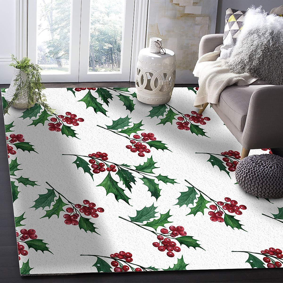 Area Rug Absorbent Non-Slip Rectangle Rug Christmas Holly and Berries Rugs for Living Room Bedroom Kitchen Entryway, Soft Floor Mat Indoor Carpet Accent Rugs 2x3 Feet