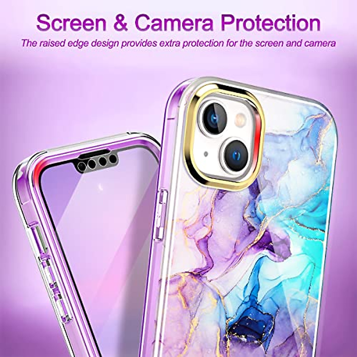 Hocase for iPhone 14 Plus Case, (with Built-in Screen Protector) Shockproof Slim Soft TPU+Hard Plastic Full Body Protective Case for iPhone 14 Plus (6.7" Display) 2022 - Watercolor Marble