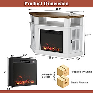 Furmax Fireplace Corner TV Stand for TV Up to 55 Inch, Modern TV Console with 18 Inch Electric Fireplace, Entertainment Center with Open Shelf and Storage Cabinets for Living Room, Antique White
