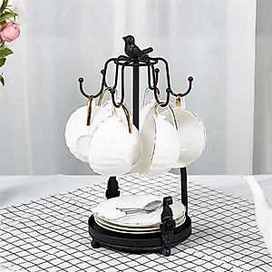 LWXPAIYY Coffee Mug Tree Holder,Tea Cup Storage Rack with Small Storage Area for Counter,Mug Holders Countertop for 6 TeaCups,Metal Coffee Mug Tree Stand Rack with 6 Hooks (Black)