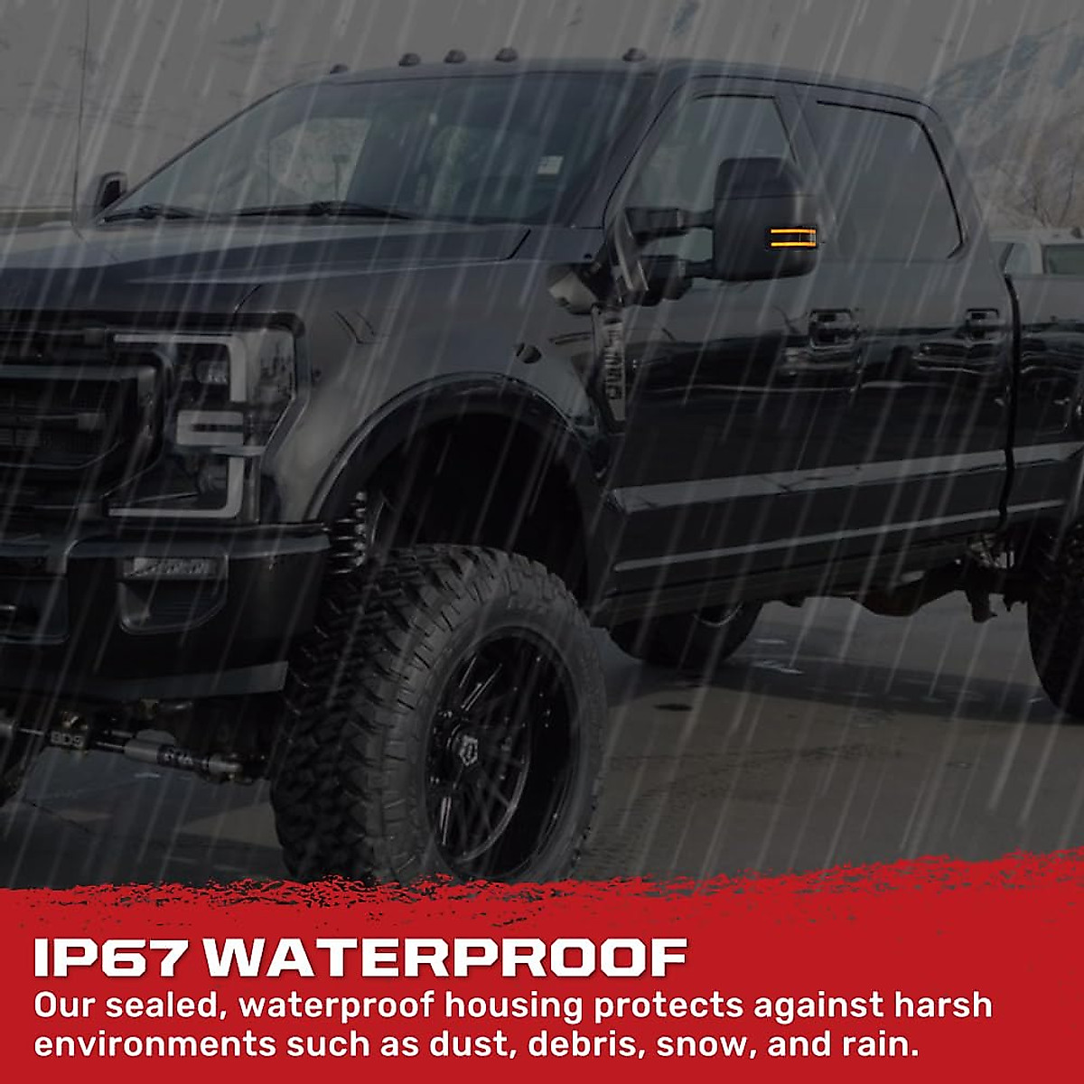 RECON Ford 17-24 Super Duty F250/F350/F450 Side Mirror Lenses (2-Piece Set) w/Amber LED Running Lights, Amber Blinking LED Turn Signals & White LED Spot Lights - Smoked Lens