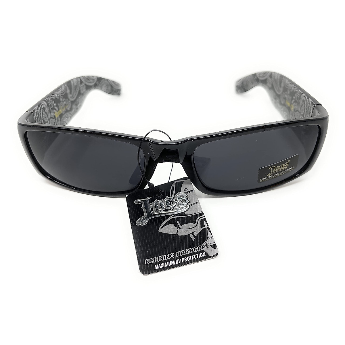 Locs Mens Hardcore Wrap Around Sunglasses with Bandana Print Inside, Black - Black Inside, Medium