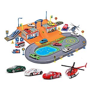 City Parking Garage Diecast Racing Track Set - Kids Toy Car Wash Vehicle Playset with Signs, Accessories and Metal Vehicles