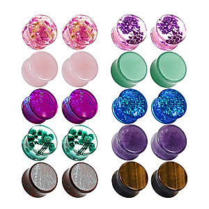 TBOSEN Set Of 10 Pairs Mixed Stone Ear Plugs Ear Gauges Ear Tunnels Double Flare Plugs Expander Body Piercing Jewelry 0g-5/8 in 8mm-16mm 0g