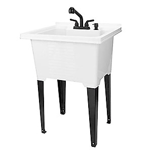 White Utility Sink by JS Jackson Supplies, Tehila Luxe Laundry Tub, Matte Black Pull-out Sprayer Faucet, Soap Dispenser