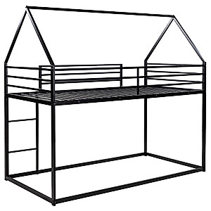 Harper & Bright Designs Twin Over Twin House Bunk Bed with Built-in Ladder, Metal Low Bunk Bed for Kids Girls Boys - Black