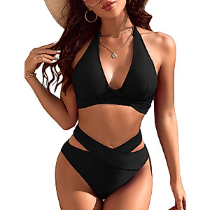 Blooming Jelly Womens High Waisted Bikini Sets Cheeky High Cut Two Piece Swimsuit Cute Sexy Halter Push Up Bathing Suits (X-Large, Black)