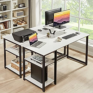 GreenForest Computer Home Office Desk with Monitor Stand and Reversible Storage Shelves,55 inch Modern Simple Writing Study PC Work Table,White