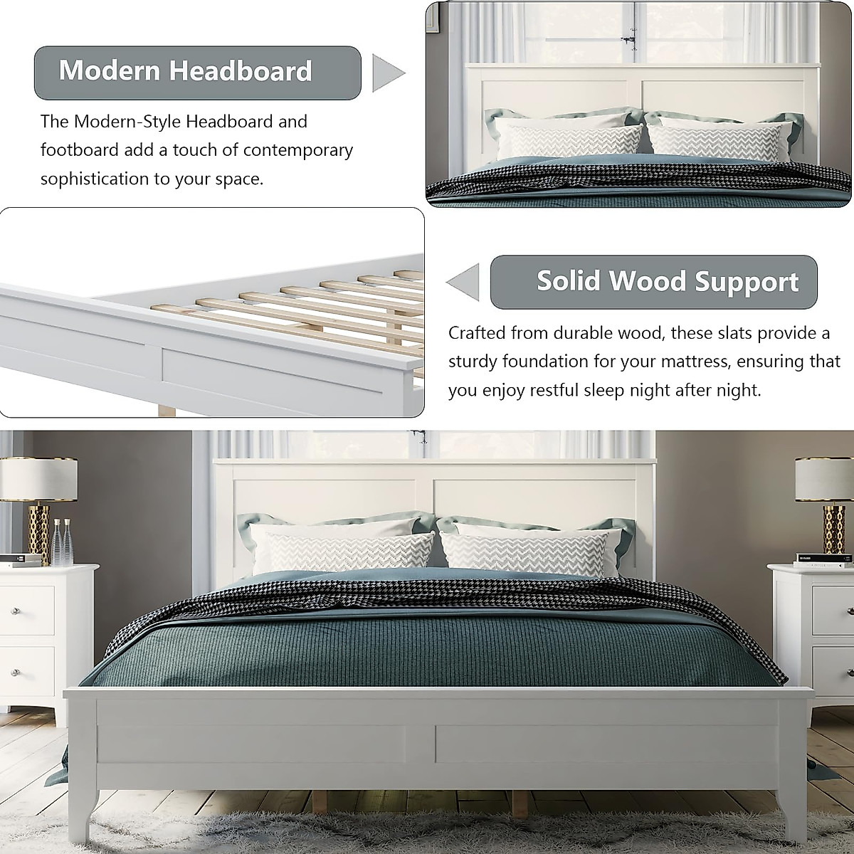 FTOPBTB King Size Solid Wood Platform Bed Frame with Modern Style Headboard/Footboard