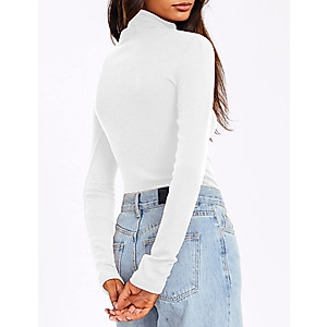 Trendy Queen Women's Long Sleeve Tops Mock Neck High Turtleneck Shirts Fall Fashion 2024 Stretch Tight Lightweight Basic Slim Fit Pullover Layering Soft Thermal Underwear Tops White