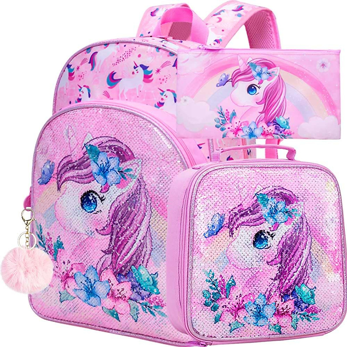 KLFVB 3PCS Unicorn Backpack for Girls, 16" Sequin Kids Bookbag and Lunch Box, Preschool Backpacks for Elementary Students
