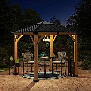 Sunjoy Hardtop Gazebo 9 x 9 ft. Upgrade Cedar Framed Wood Gazebo with Brown Steel & Polycarbonate Hip Roof Hardtop for Garden, Backyard Shade, Brown Roof + Natural Wood Frame