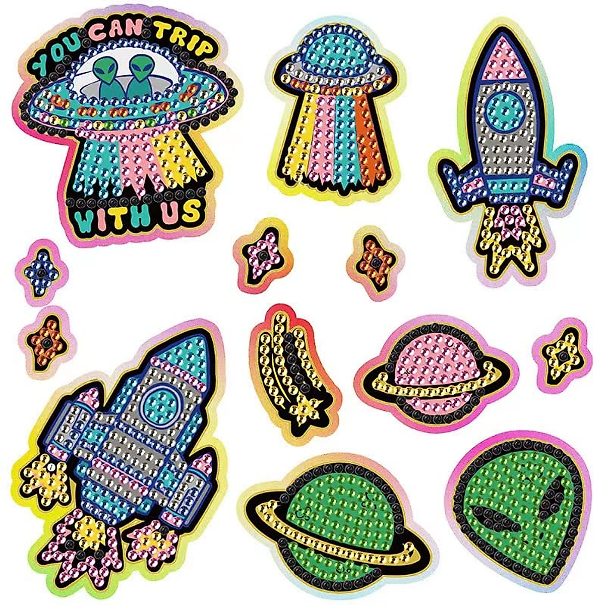PICNICFUN Diamond Painting Kits Stickers for Kids,28 PCS 5D DIY Alien and UFO Handmade Digital Paint Rhinestone Mosaic Sticker Making for Kids Gift,Children Art Craft (Alien and UFO)