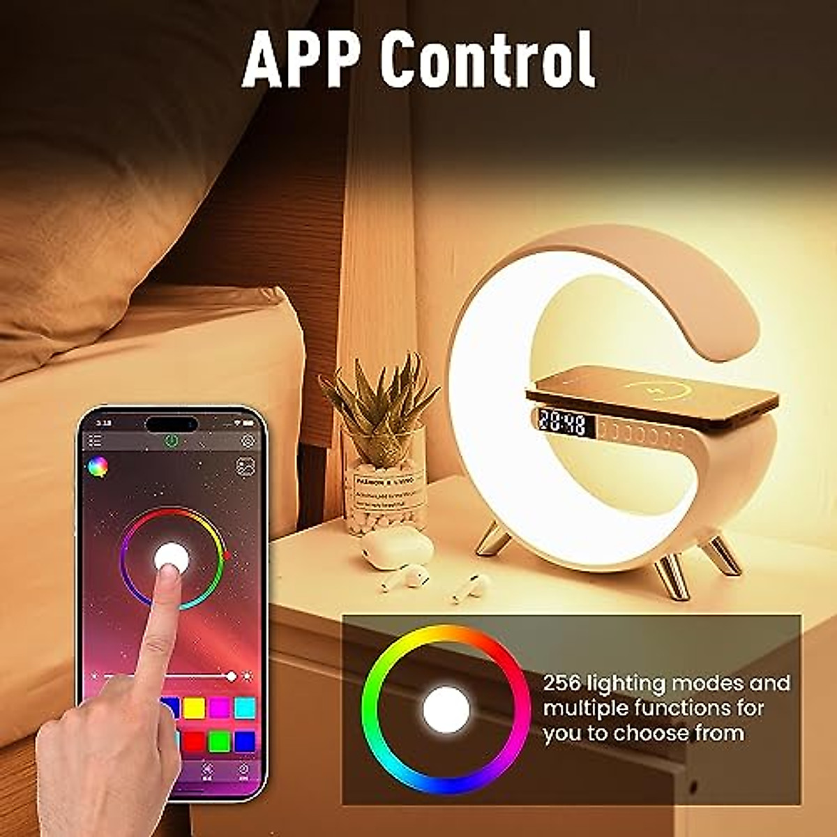 4 in 1 Led Wireless Charging Lamp with Bluetooth Speaker Alarm Clock,Smart Wireless Charger Atmosphere Lamp Night Light for Desk Govee Lamps Bedroom Decor (Black)
