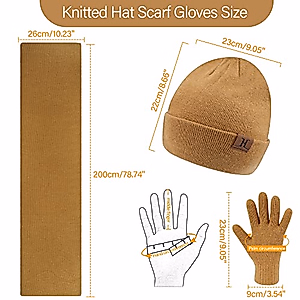 Mens Winter Warm Beanie Hats Long Scarf Neck Touchscreen Gloves Set Ribbed Knit Skull Caps Scarves Gloves for Women Man Brown