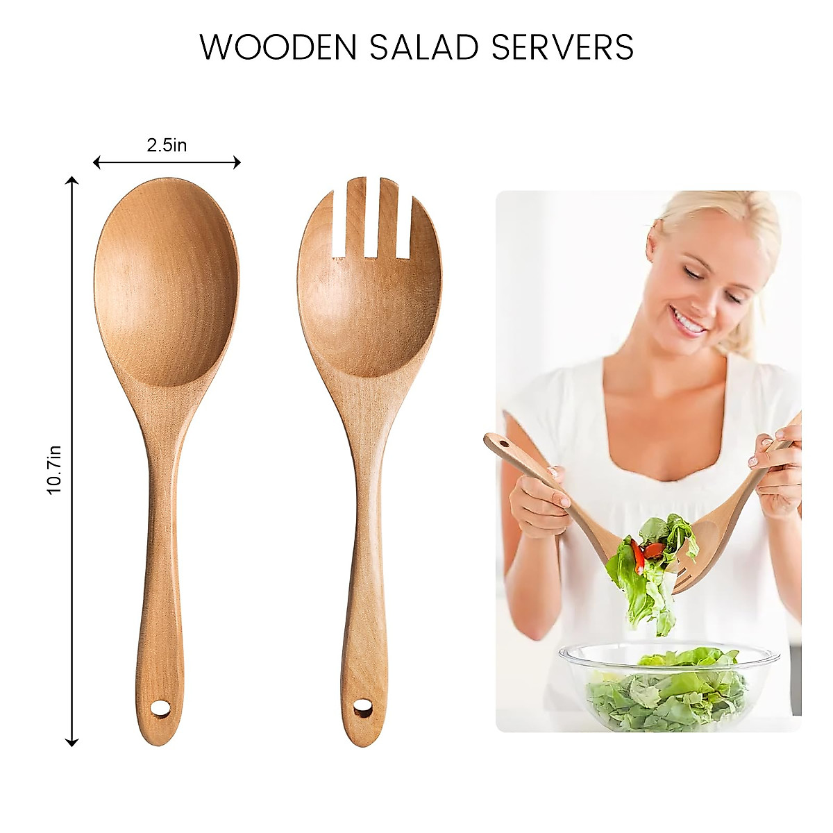 HAKSEN Wooden Salad Tongs, 10.7in Salad Servers Salad Spoon and Fork Set for Mixing, Tossing and Cooking