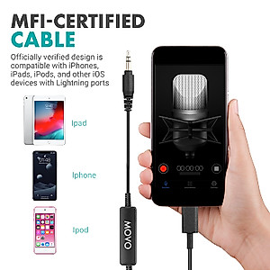 Movo TCB5 Male 3.5mm TRS Microphone Adapter Cable to Lightning Connector Compatible with Apple iPhone, iPad Smartphones and Tablets