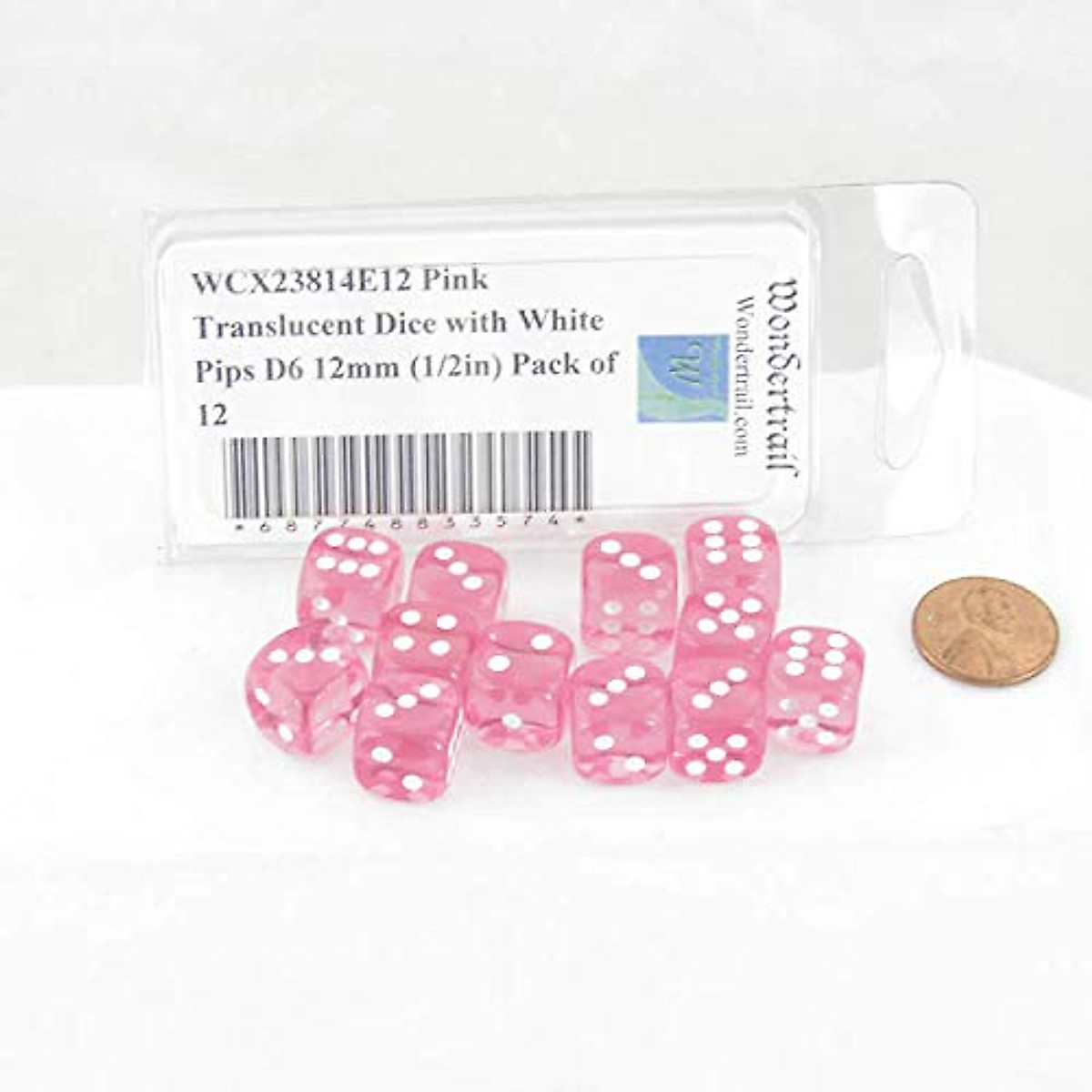 Pink Translucent Dice with White Pips D6 12mm (1/2in) Pack of 12 Wondertrail