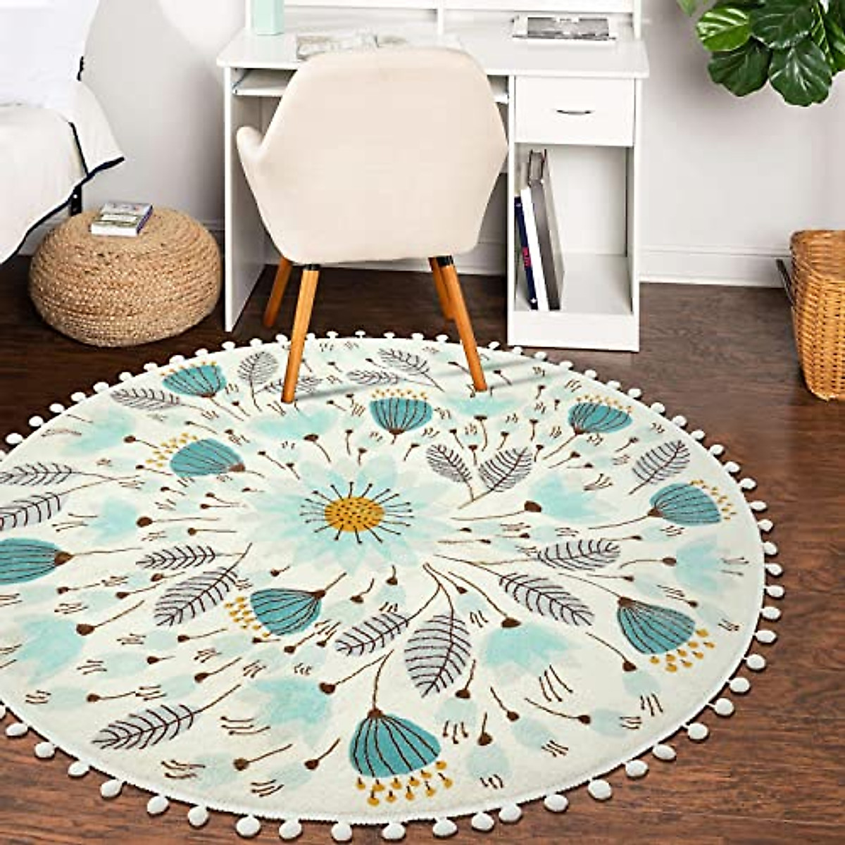 Uphome Round Rug for Bedroom 4' Circle Cute Area Rug with Pom Poms Fringe Floral Plant Washable Throw Rugs Non-Slip Soft Floor Mats for Entryway Laundry Living Room Kids Room Nursery