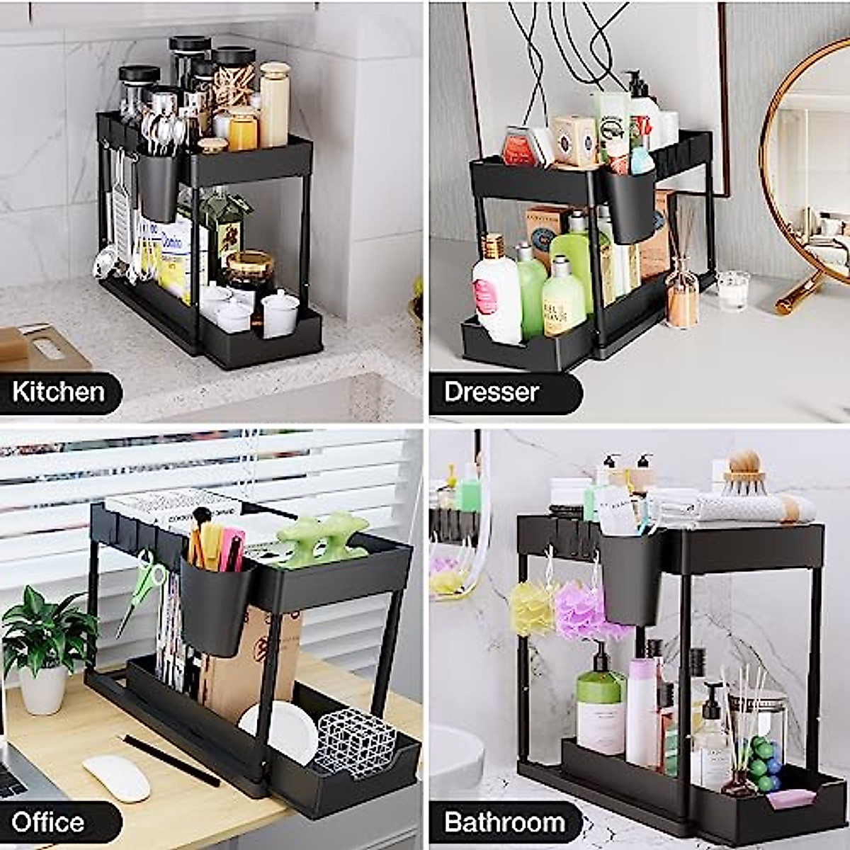Hopezone Under Sink Organizers and Storage, 2 Pack Adjustable Height Under Sink Storage, 2 Tier Under Sink Organizer with Sliding Drawer, 8 Hooks & 2 Hanging Cups, Ideal for Kitchen, Bathroom