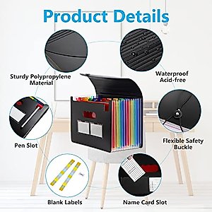 Sooez 13 Pocket Expanding File Folder, Premium Monthly Document Organizer, Accordian File Folder Organizer, Accordion Folder, Letter A4 Paper Document Storage Organizer, Black